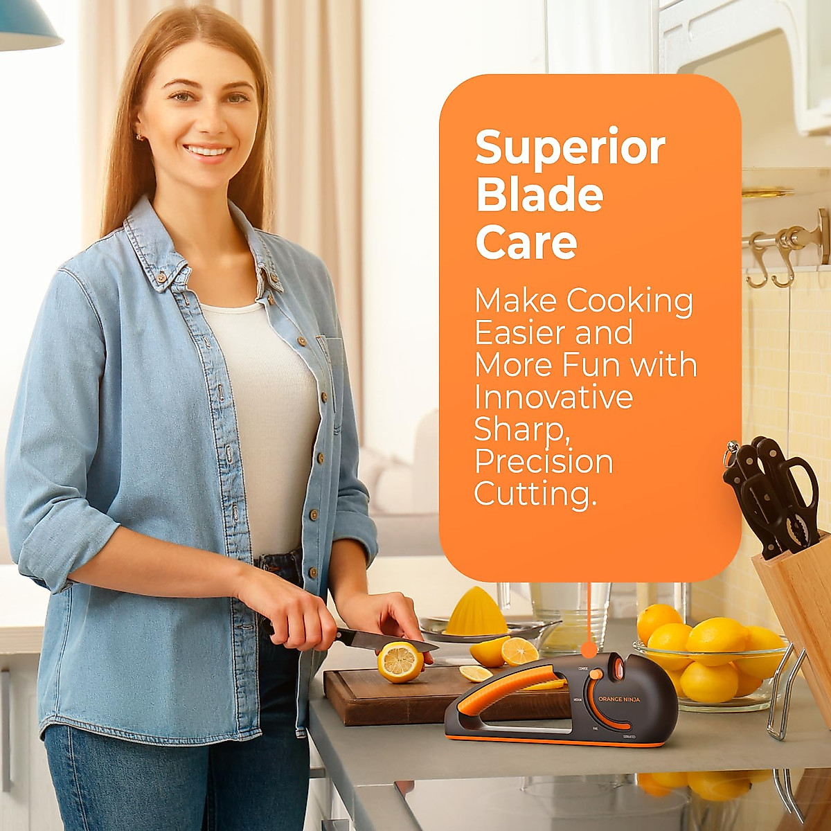 Orange Ninja 4-Stage Knife Sharpener - Premium Kitchen Knife Sharpeners - Adjustable Handheld Manual Knife Sharpeners for Kitchen Knives, Pocket knife Sharpener, Chef & Serrated Knife by Sharp Pebble