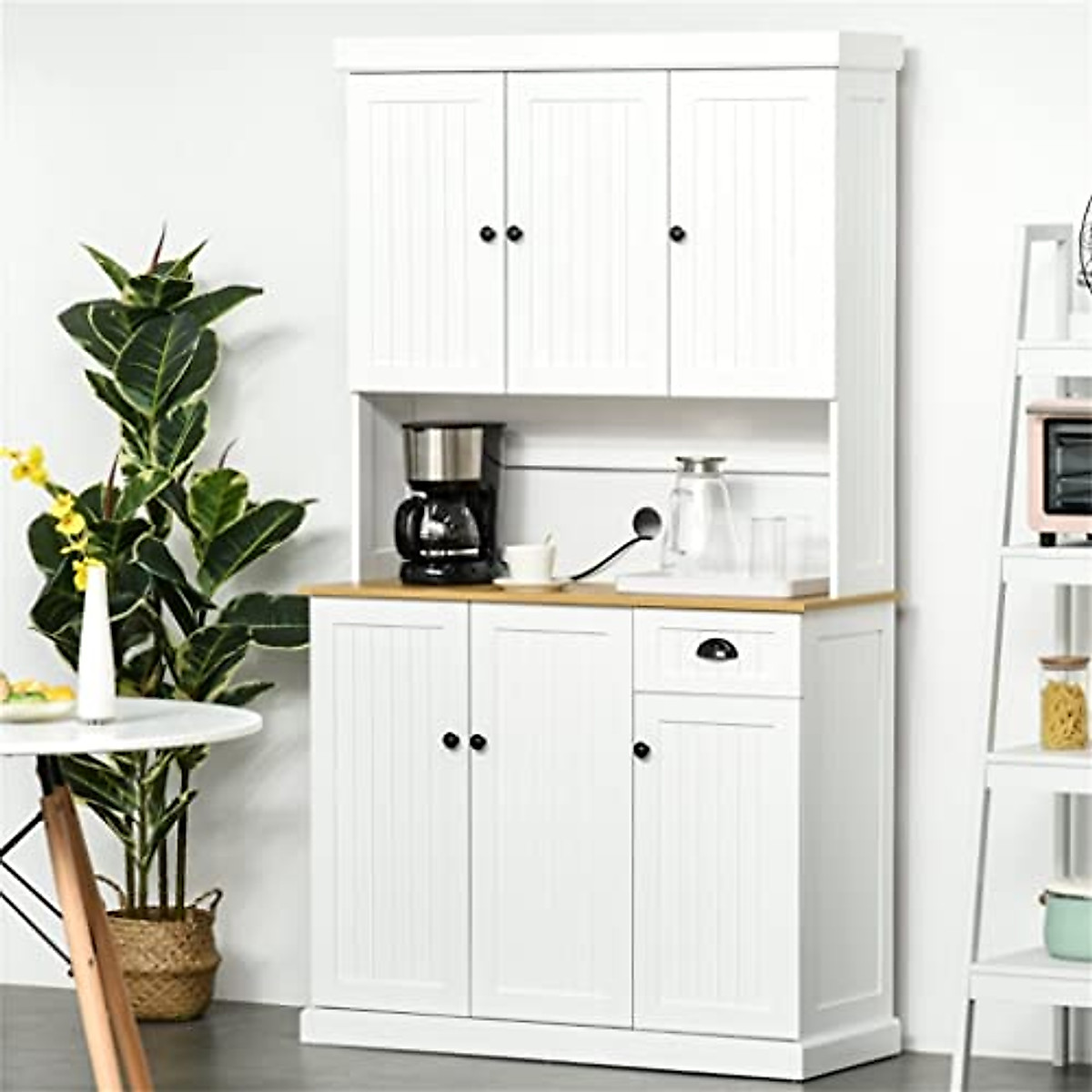 SEASD White Storage Cabinet 71" Kitchen Sideboard Self-Service Kitchen Pantry with Microwave Stand with Drawers