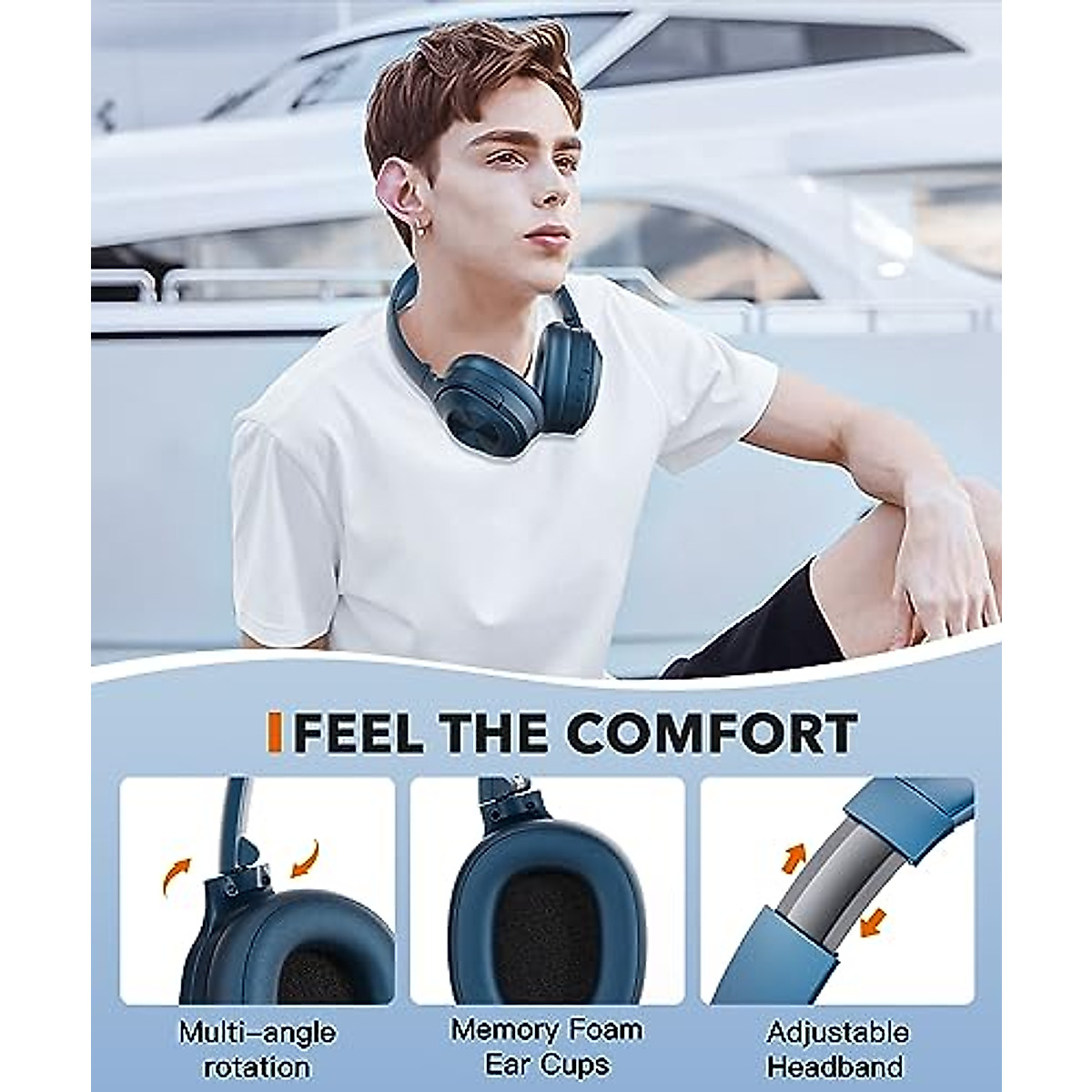 INFURTURE Q1 Active Noise Cancelling Headphones with Microphone，Wireless Over Ear Bluetooth Headphones, Deep Bass, Memory Foam Ear Cups, Quick Charge 40H Playtime, for TV, Travel