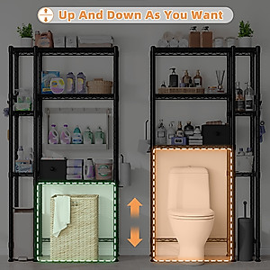REIBII Over The Toilet Storage Cabinet, 6 Tier Over The Toilet Shelf with Adjustable Feet, Bathroom Over Toilet Storage with 4 Hooks & 2 Paper Holders, Black