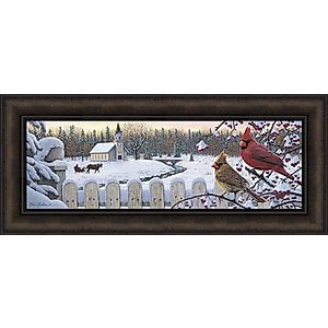 Home Cabin Décor White Crimson Morning by Kim Norlien 12x28 Cardinals Birds Church Picket Fence Snow Winter Horse Sleigh Framed Art Print Picture