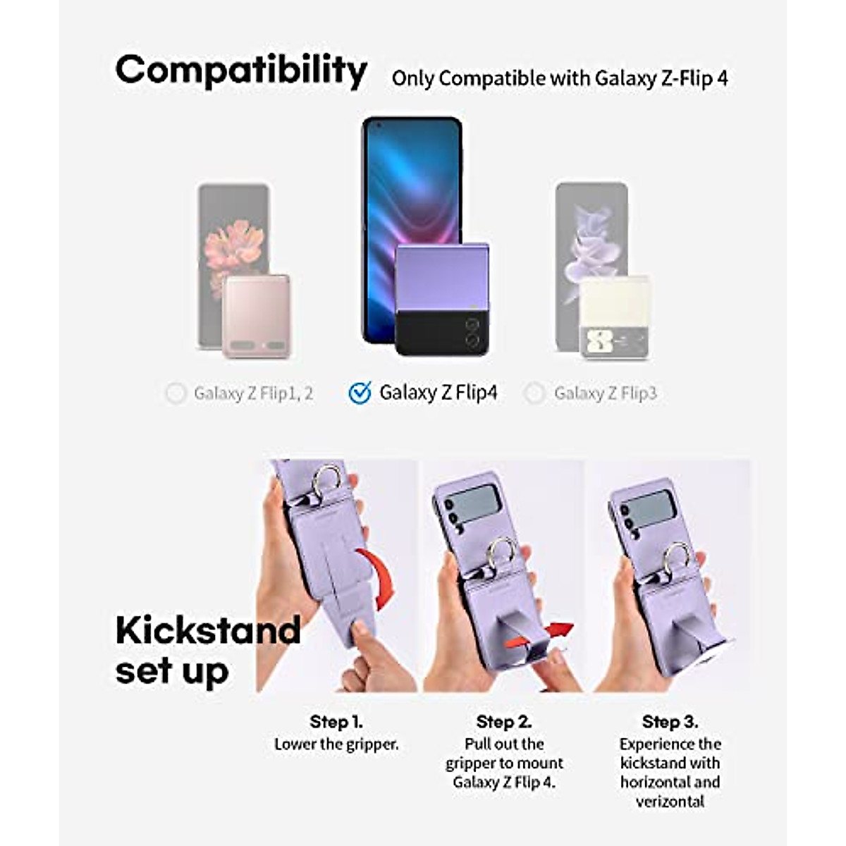 GOOSPERY EZ Mount Wallet Compatible with Galaxy Z Flip 4 Case, Card Holder Loopy Ring Adjustable Kickstand with Horizontal/Vertical [Compatible with Wireless Charging], Lavender