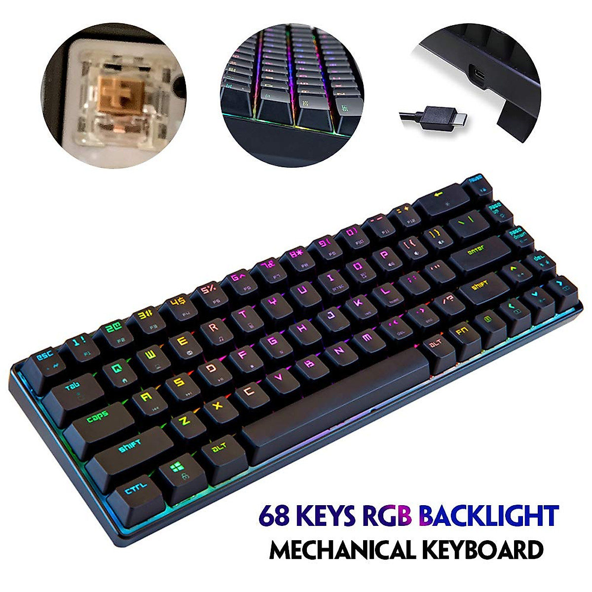 Golanhome Portable RGB Gaming Office 60 Percent Mechanical Keyboard USB 68 Keys Backlit Anti-ghosting Keyboard for PC Laptop(Blue Red Brown Switch) (Brown Switch)