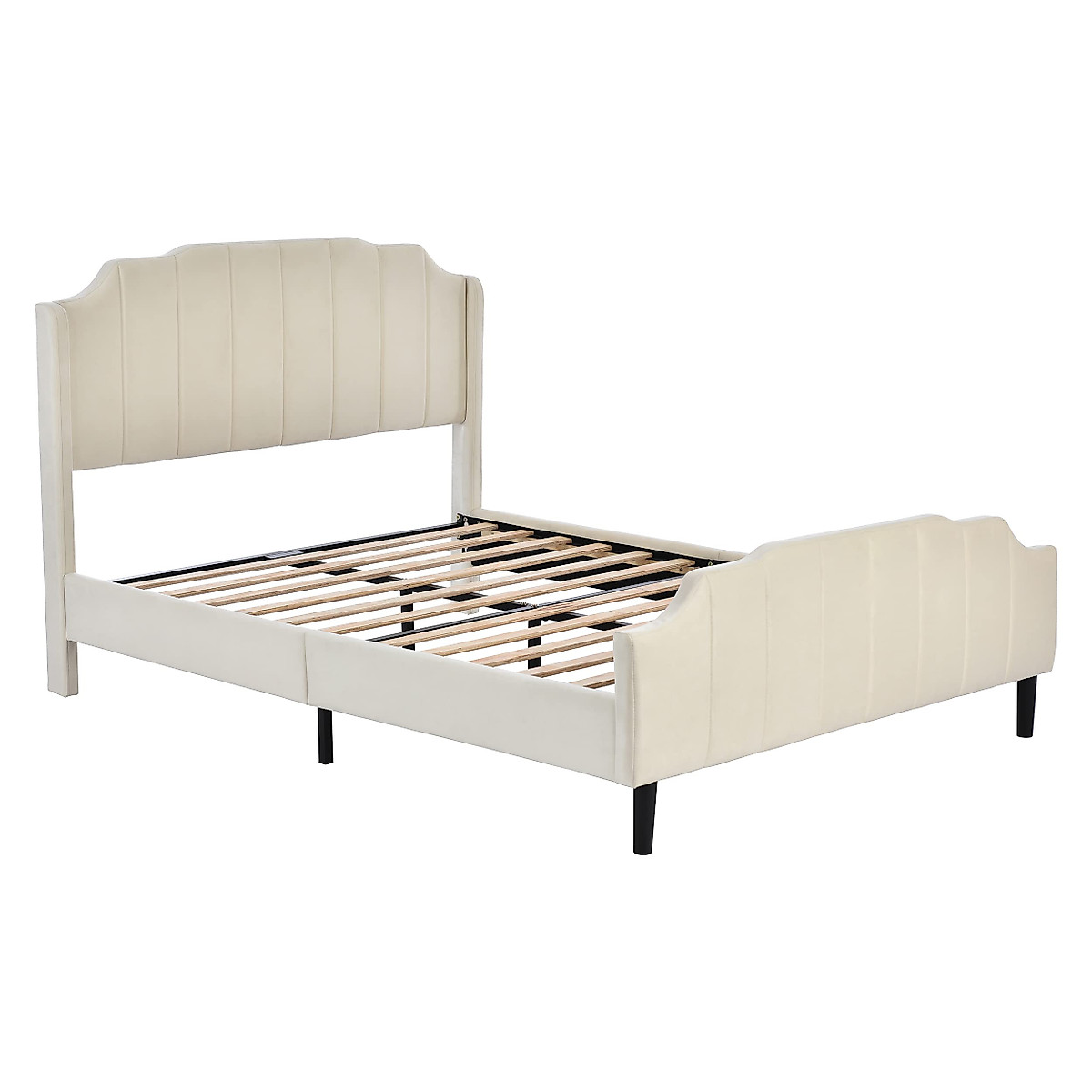 RUNWON Queen Size Upholstered Platform Bed,Bed Frame with Headboard and Footboard for Living Room/Bedroom, Velvet Fabric,Beige