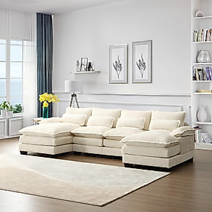 Modern Sectional Sofa Couch, Comfy U Shape Cloud Couch with Double-layer Cushion, Oversized 6 Seater Sofa with 4 Pillows, Upholstered Deep Seat Couch for Living Room, Office, Apartment, Beige Chenille