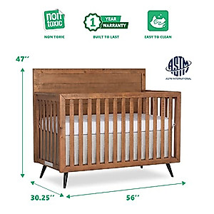 Evolur Stilnovo Mid Century 4-in-1 Convertible Crib in Sugarcane, Greenguard Gold Certified, 3 Mattress Height Settings, Modern Nursery, Wooden Furniture
