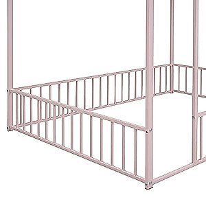 HBRR Full Size Montessori House Bed for Kids, Metal Floor Beds with Fence Railings & Roof, Full Playhouse Bed for Boys Girls, Box Spring Needed, Pink