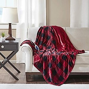 True North by Sleep Philosophy Buffalo Plaid Electric Blanket Throw Ultra Soft Plush Auto Shut Off with 3 Heat Level Setting Controller, Oversized - 5 Years Warranty, 60x70", Red