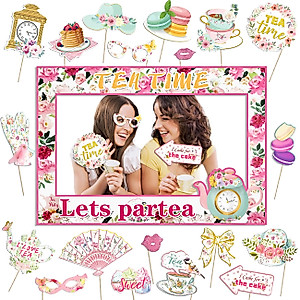 Tea Party Decorations, Floral Lets Partea Photo Booth Frame with 20 Pcs Tea Party Photo Booth Props Garden Party Decorations for Women Tea Party Theme Bridal Shower Birthday Party Supplies