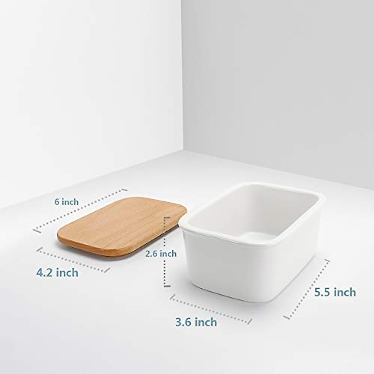 Sweese 301.101 Large Butter Dish - Porcelain Keeper with Beech Wooden Lid, Perfect for 2 Sticks of Butter, White