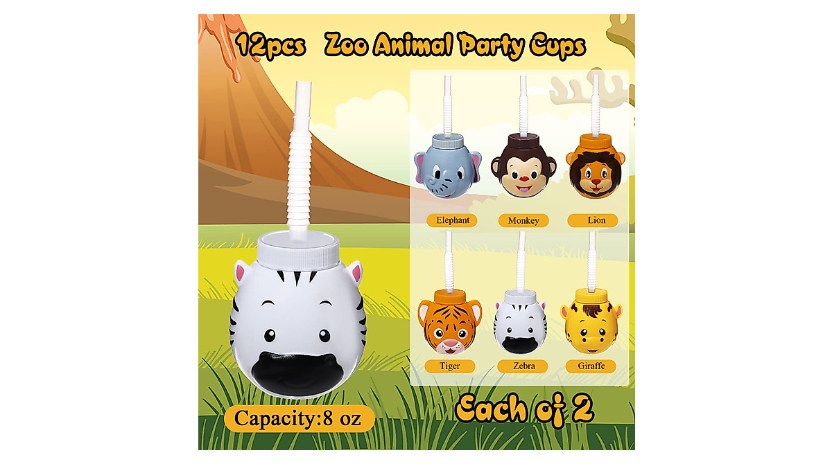 Zoo Animal Cups with Straws - Fun Safari Party Supplies