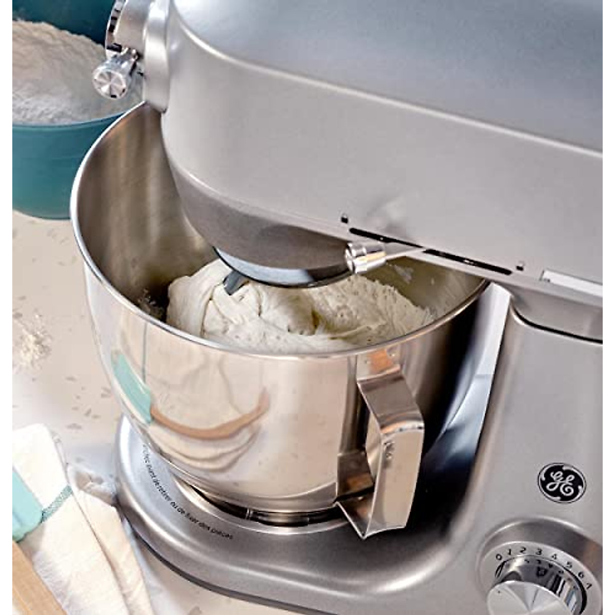 GE Tilt-Head Electric Stand Mixer | 7-Speed, 350-Watt Motor | Includes 5.3-Quart Bowl, Flat Beater, Dough Hook, Wire Whisk & Pouring Shield | Countertop Kitchen Essentials | Granite Gray