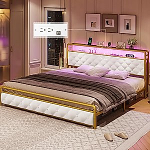 ADORNEVE King LED Bed Frame with Storage Headboard,Upholstered King Size Platform Bed Frame with Power Outlets & USB Ports,Velvet Tufted Headboard & Footboard,Noise-Free,Creamy White & Gold