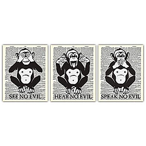 3 Wise Monkeys Dictionary Wall Art Prints: Unique Room Decor for Boys, Men, Girls & Women - Set of Three (8x10) Unframed Pictures - Great Gift Idea