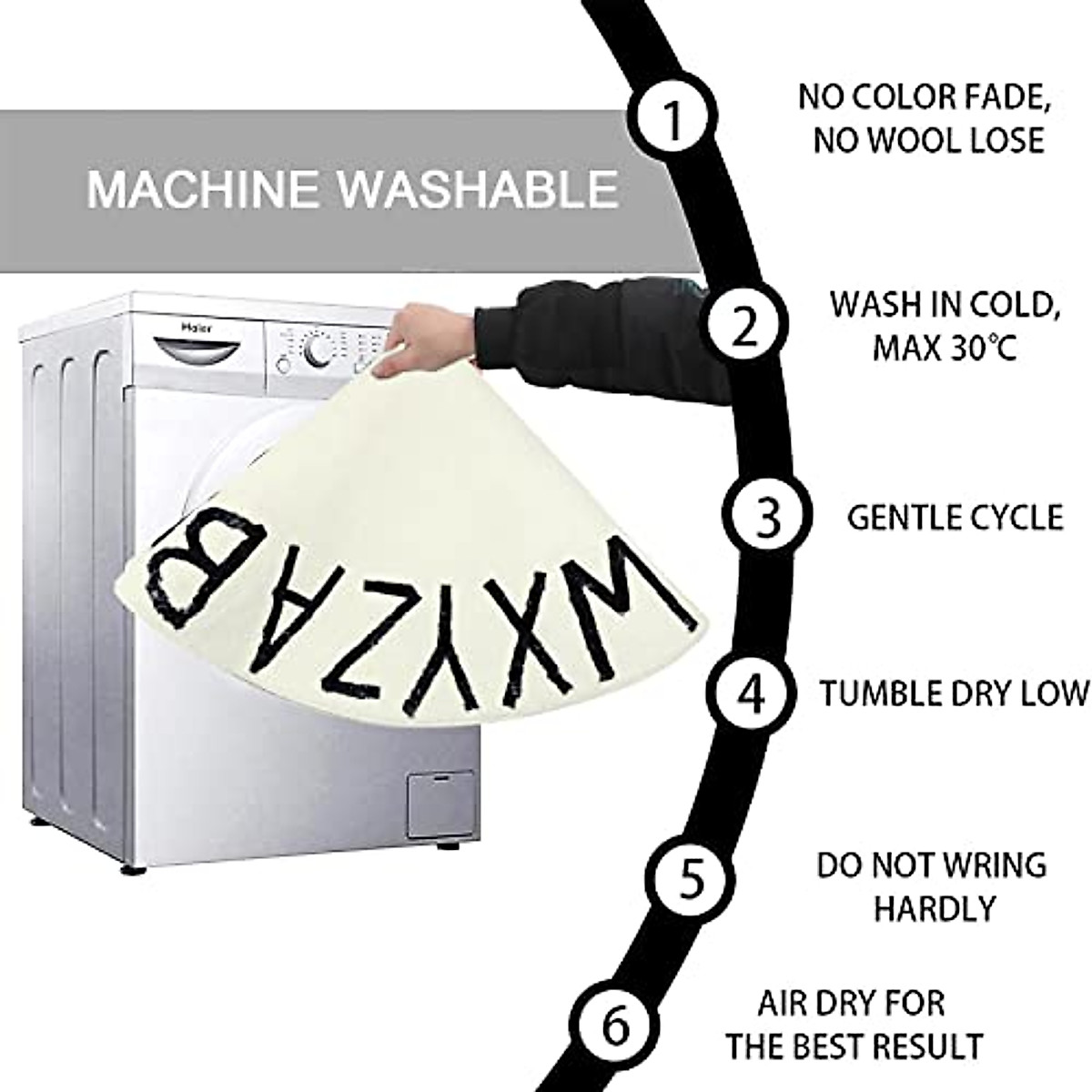 HEBE 4ft Round Kids ABC Rug Alphabet Nursery Rug for Bedroom Playroom Non Slip Educational Playmat Round Circle Carpet for Classroom Infant Toddlers,Milk White