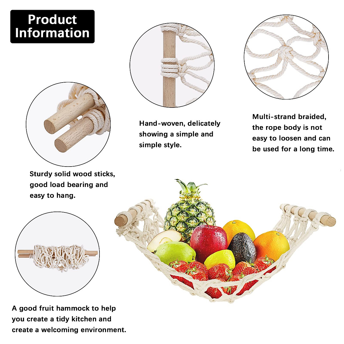 Fruit Basket Hammock Under Cabinet Adhesive, Woven Vegetable Hanging Basket, Fruit Storage for Kitchen with Banana Hooks, Mesh Fruit Holder Organization for Home Dining Room Decor