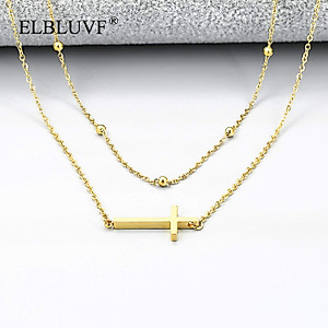 ELBLUVF Stainless Steel Gold Rose Gold Silver Plated Dainty Beads Sideways Cross Double Layers Necklace For Women (Gold 2 layers cross)