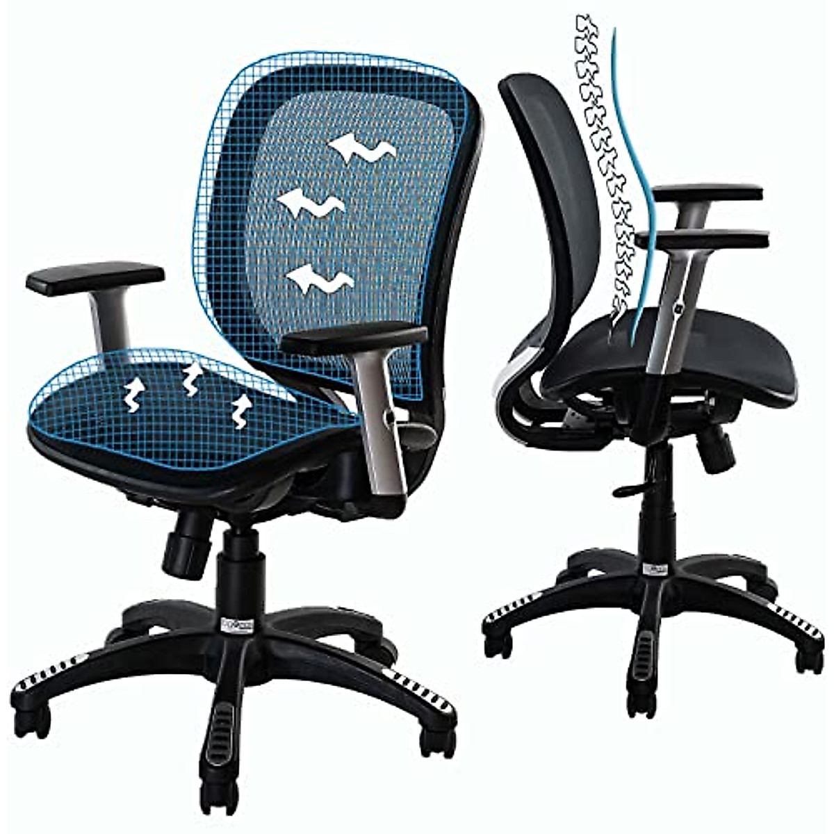 ErgoMax Lumbar Support, Mid-Back Mesh Adjustable Armrests, Home Office Ergonomic Chair, 42 Inch Max Height, Black