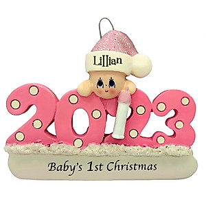 Personalized 2021 Baby's First Christmas Tree Ornament 1st Keepsake Gift - Pink Baby Girl with Santa Stocking Cap Hat and Bottle - Your Choice of Name