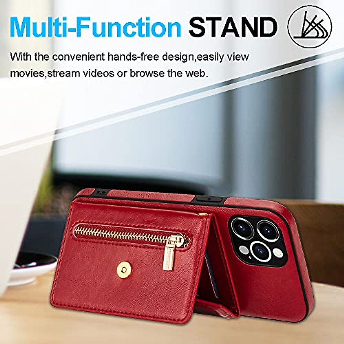 KUDEX Wallet Case for iPhone 13 Pro Max,Slim Fit Card Holder Case with Crossbody Strap Leather Magnetic Handbag Protective Folding Case Cover for Women Girl for iPhone 13 Pro Max 6.7" 2021(Red)