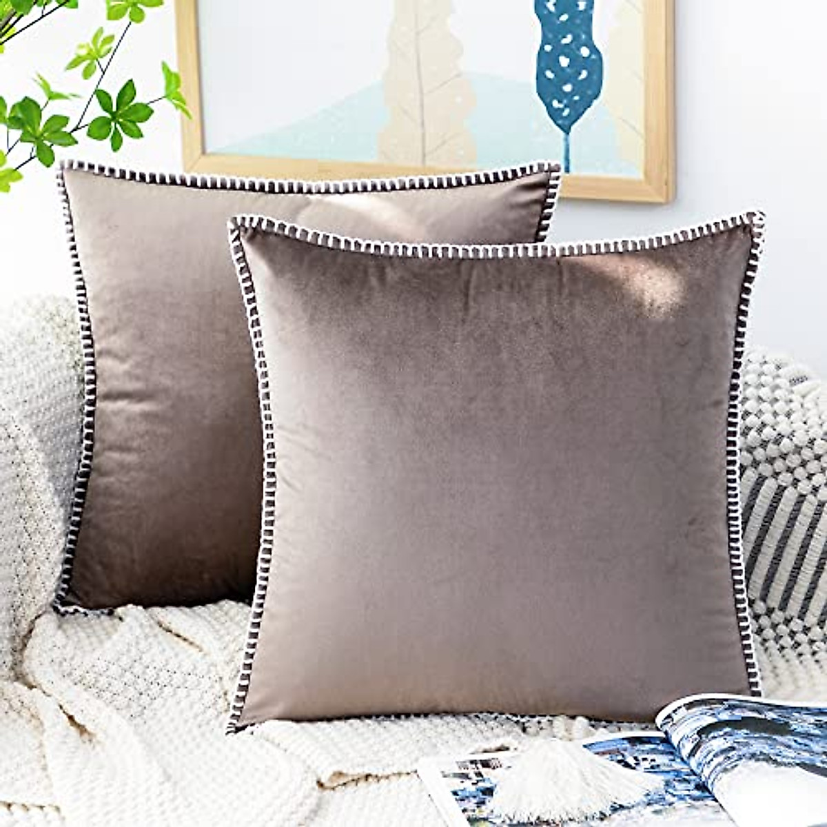 GAWAMAY Gray Throw Pillow Covers 16x16 Inch Soft Teal Velvet Pillow Cover with Modern Chenille Edge, Winter Farmhouse Decorative Pillow Caces for Holiday Living Room Sofa Couch Beding (40x40cm)