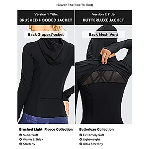CRZ YOGA Women's Brushed Full Zip Hoodie Jacket Sportswear Hooded Workout Track Running Jacket with Zip Pockets Black Medium