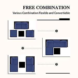 PHI VILLA Outdoor Patio Sectional Furniture Set 5 Piece Low-Back Rattan Sofa Set Wicker Patio Conversation Set with 4 Seat Cushions and 1 Tempered Glass Table (Navy Blue)