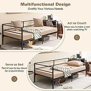 GOFLAME Metal Daybed Frame Twin Size, 2-in-1 Multifunctional Sofa Bed Frame with Headboard & Heavy-Duty Steel Slats, Mattress Foundation Platform for Living Room, Guest Room, Bedroom, Easy Assembly