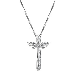 Timeless Love 1/10 CT Diamond Wing Cross Pendant Set in Sterling Silver, Necklace with 18" Cable Spring Ring, Dainty Jewelry for Women, Luxury Fashion Pendant Necklaces for Women or Girls