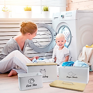 Gdfjiy 3-in-1 Set for Laundry Room Organization, Laundry Powder Container Dryer Sheet Holder & Lint Bin, Dryer Sheet Dispenser Metal Laundry Pods Holder Airtight Lid, Laundry Room Decor - White