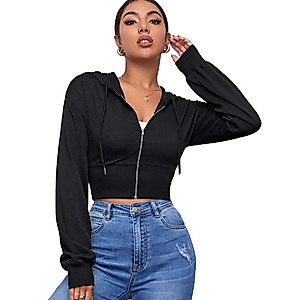 WDIRARA Women's Drop Shoulder Zip Up Drawstring Hoodie Black XL