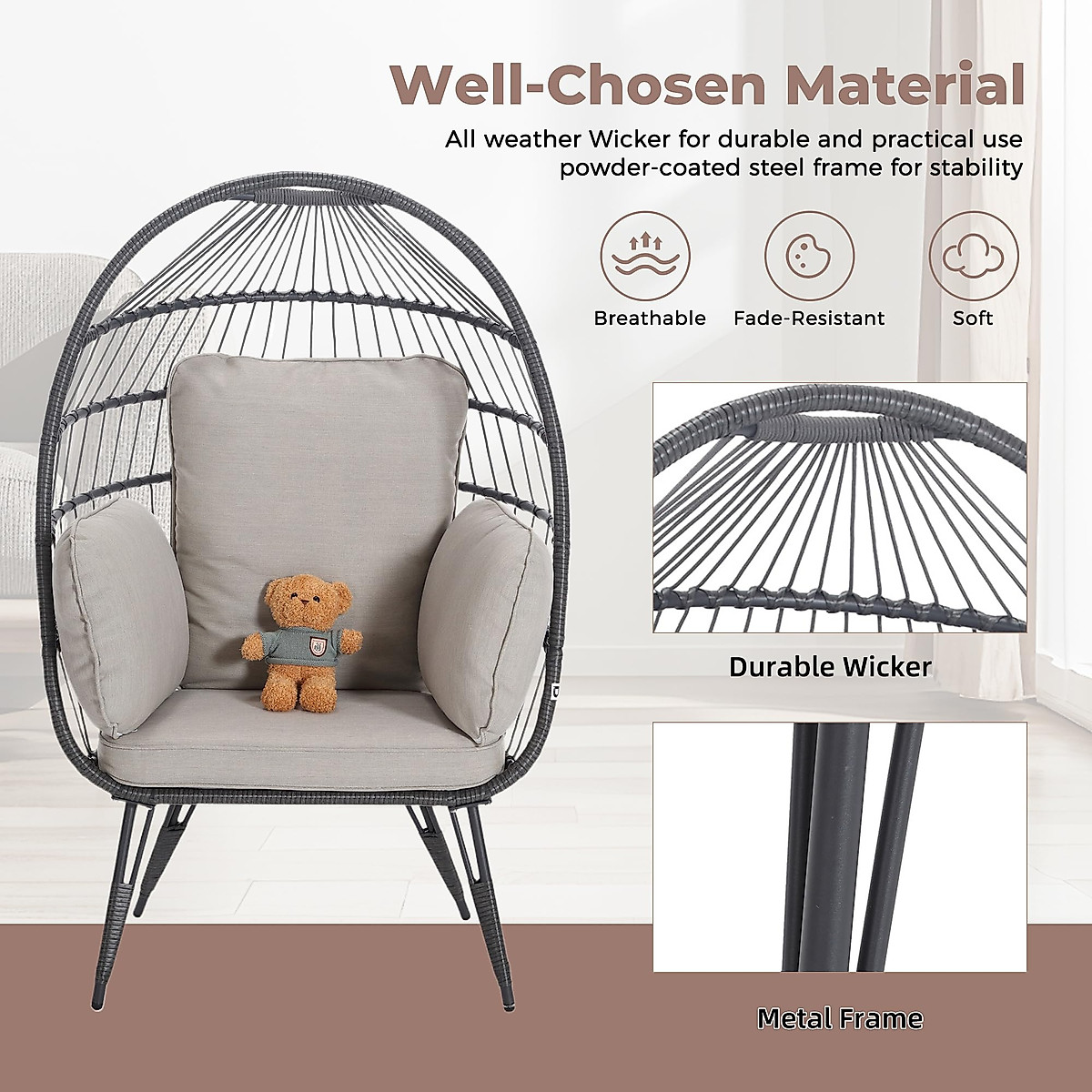 Kayflora Wicker Egg Chair, PE Rattan Egg Basket Lounge Chair with Stand, with Cute Throw Pillow, Patio Chair for Patio, Garden, Yard, Living Room, Sunroom,Beige