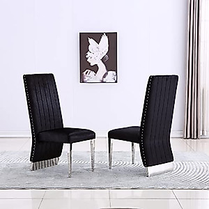 AZhome Dining Chairs, Black Velvet Upholstered Dining Room Chairs with Nailhead Trim and Silver Mirror Stainless Steel Legs, Set of 2