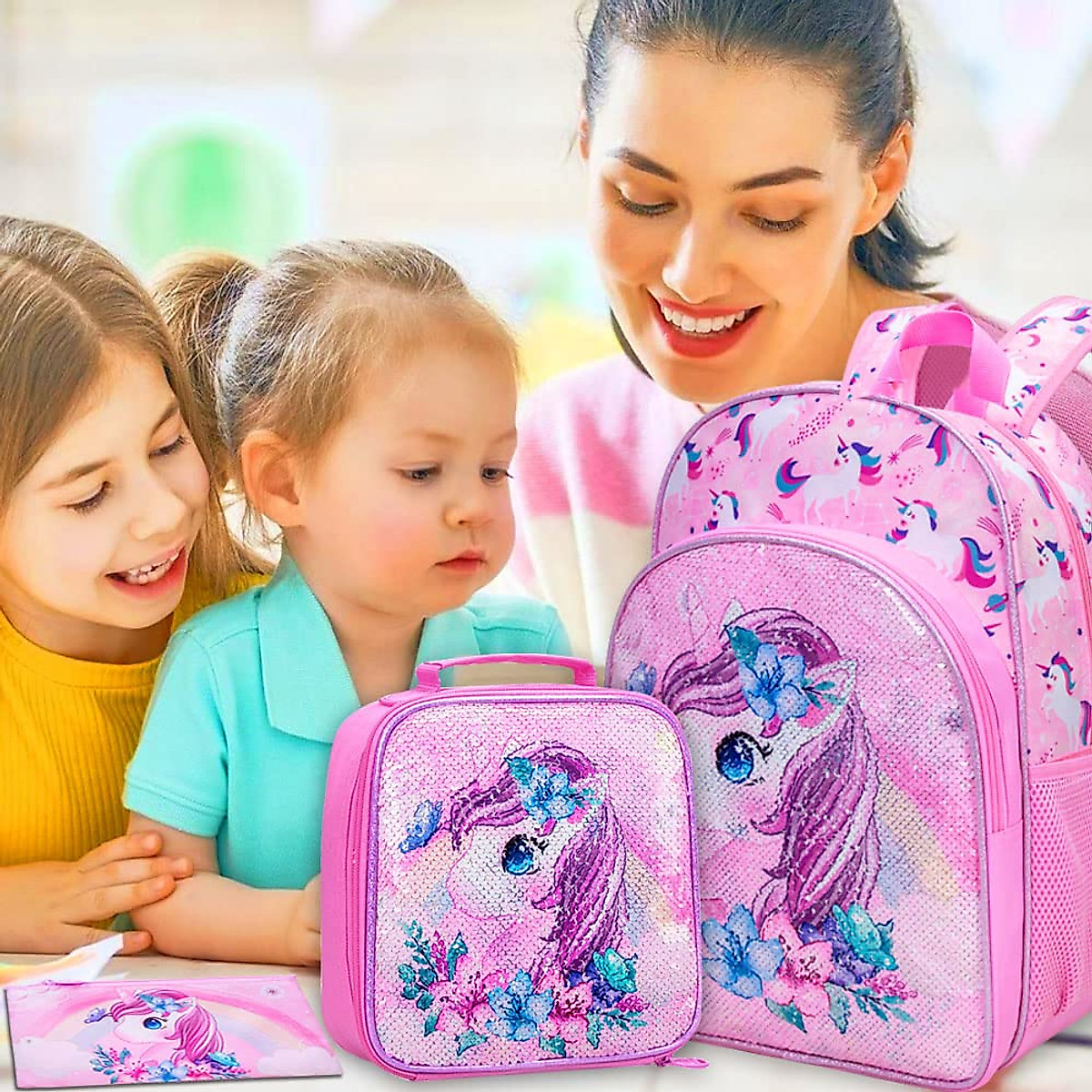 KLFVB 3PCS Unicorn Backpack for Girls, 16" Sequin Kids Bookbag and Lunch Box, Preschool Backpacks for Elementary Students