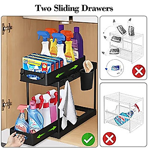 GzfunTeng Under Kitchen Sink Organizer and Storage, 2 Tier Sliding Bathroom Organizer, Pull Out Cabinet Organizer with 4 Hooks, 1 Hanging Cups, Finishing Storage Rack