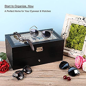 CO-Z Sunglasses Organizer for Women Men, Multiple Eyeglasses Eyewear Display Case, Leather Multi Sunglasses Jewelry Collection Holder with Drawer, Sunglass Glasses Storage Box with 12 Compartments