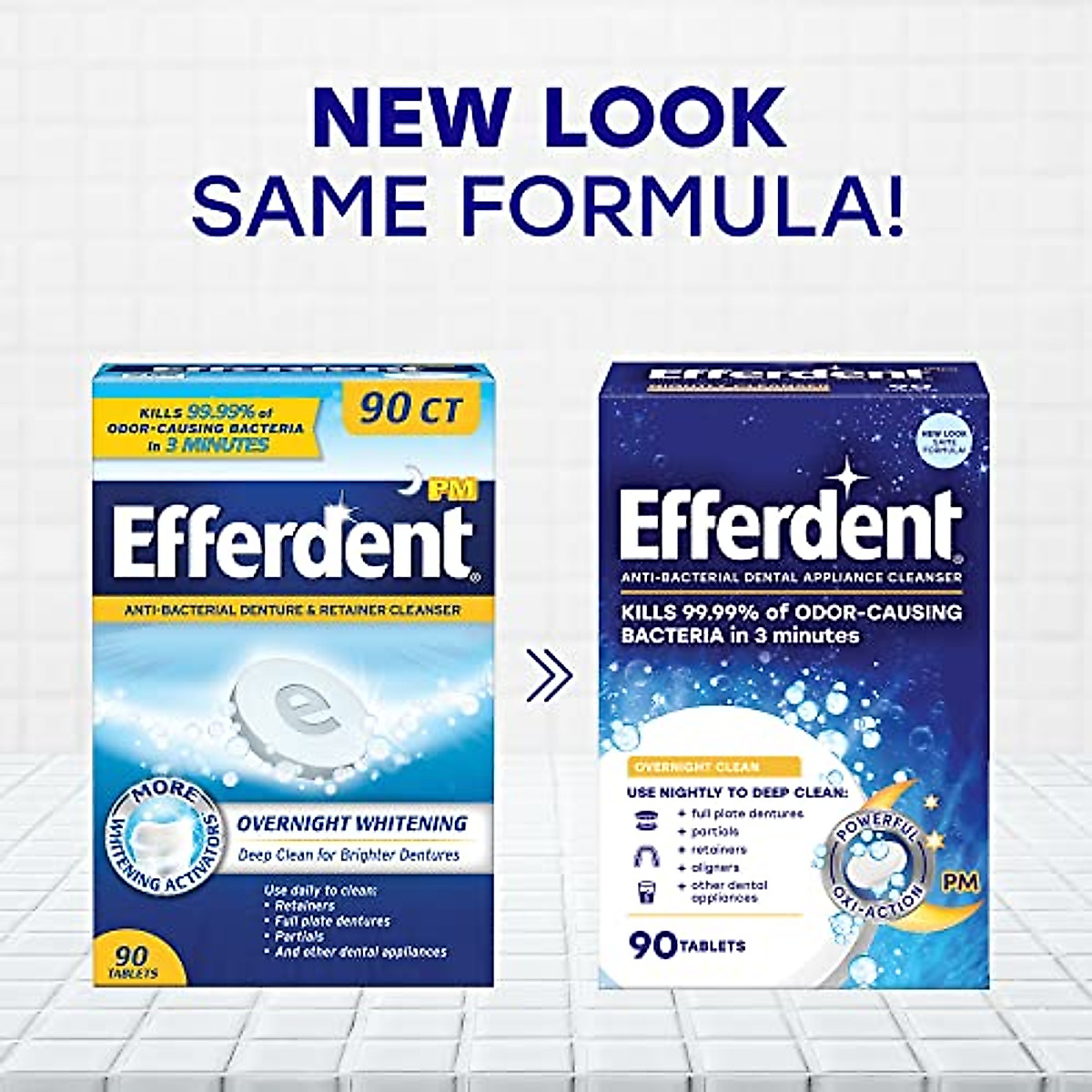 Efferdent Retainer Cleaning Tablets, Denture Cleaning Tablets for Dental Appliances, Overnight Whitening, 90 Count