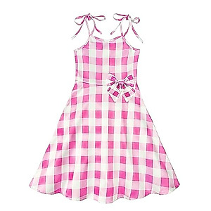 HAOKIDS Girls Pink Costume Dresses Youth Margot Robbie Movie Cosplay Outfit Kids Princess Bowknot Halloween Party Gift