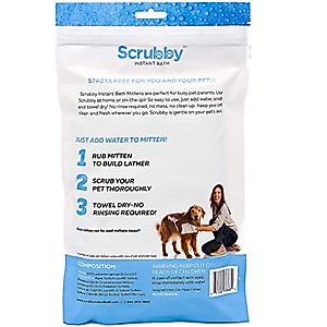 Scrubby Pet No Rinse Pet Wipes, Rinse Free Shampoo Mittens for Dogs and Cats, Bath Wipes for Bathing and Washing Pets, Hypoallergenic No Rinse Wash Mitt for Grooming, Lather Wipe Dry