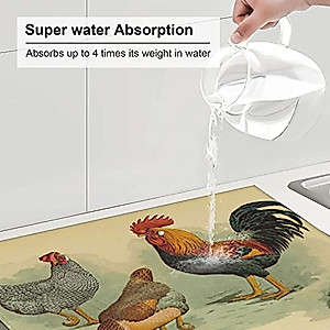 Italian Chickens Printed Drying Mat For Kitchen Ultra Absorbent Microfiber Dishes Drainer Mats Non-Slip Silicone Quick Dry Pad - 18 X 16inch