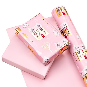 WRAPAHOLIC Reversible Christmas Wrapping Paper - 30 Inch X 100 Feet Jumbo Roll Pink House with Christmas Tree and Polka Dots Design with Metallic Foil Shine