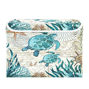 senya Large Collapsible Storage Bins with Lids, Vintage Ocean Sea Turtle Starfish Map Storage Baskets Organizer Containers with Handles for Nursery Clothes Toys