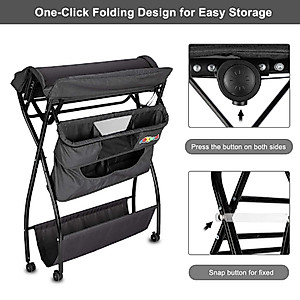 JOYMOR 2-in-1 Folding Baby Changing Table, Moblie Diaper Table for Infant, Portable Diaper Changing Station with Wheels, Large Storage Basket ＆ Shelf Portable Nursery Organizer