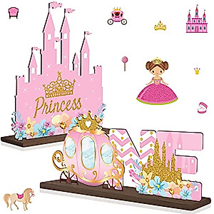 2 Pieces Princess Glitter One Letter Sign Wooden Centerpiece 1st Birthday Girl Decoration Princess Crown Centerpieces for Tables Baby Girl's Baby Shower Decor Supplies Photo Prop