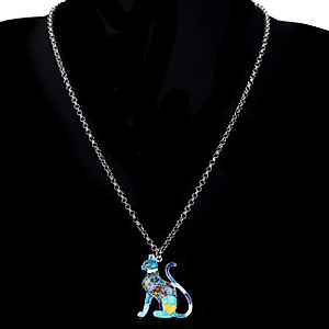 BONSNY Statement Enamel Alloy Chain Cat Necklaces Pendant Original Design For Women Jewelry Gift Charms (Blue)