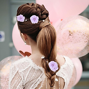 30 Pieces Fabric Flowers for Crafts, Purple Rhinestone Pearl Chiffon Applique Patches Lace Sewing Small Floral Applique for Clothing, Wedding Ornament, Graduation Headbands Flower, Party Decoration