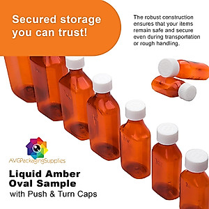 AVG Packaging Supplies Liquid Amber Oval Sample Bottles with Push & Turn Caps – Child Resistant Pharmacy Prescription Medicine Containers, 3oz Vials (200ct)