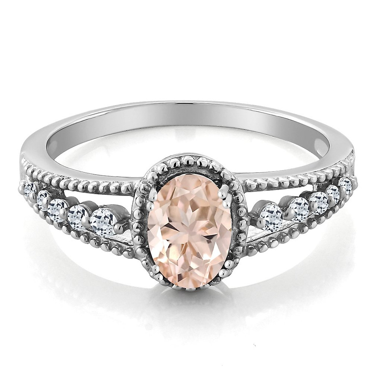 Gem Stone King 925 Sterling Silver Peach Morganite and White Topaz Engagement Ring For Women (0.86 Cttw, Oval 7X5MM, Available In Size 5, 6, 7, 8, 9)