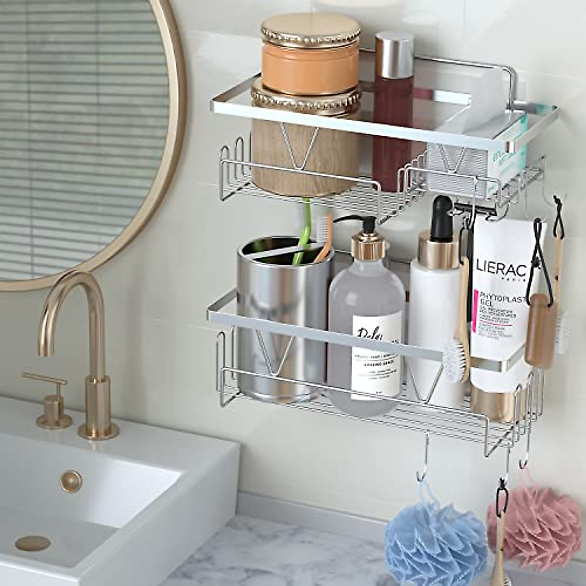 GARDIGER Shower Caddy Organizer, 2 Pack Stainless Steel Shower Shelf with 6 Hooks, No Drilling Adhesive Hanging Shower Storage Basket for Bathroom Kitchen (Silver)