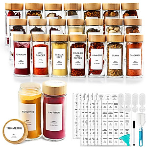 AISIPRIN Glass Spice Jars with 398 Labels-4oz 24 Pcs,Round Seasoning Jars with Bamboo Airtight Lids,Salt and Pepper Shakers Container Set -Shaker Lids, Funnel,Brush and Marker Included